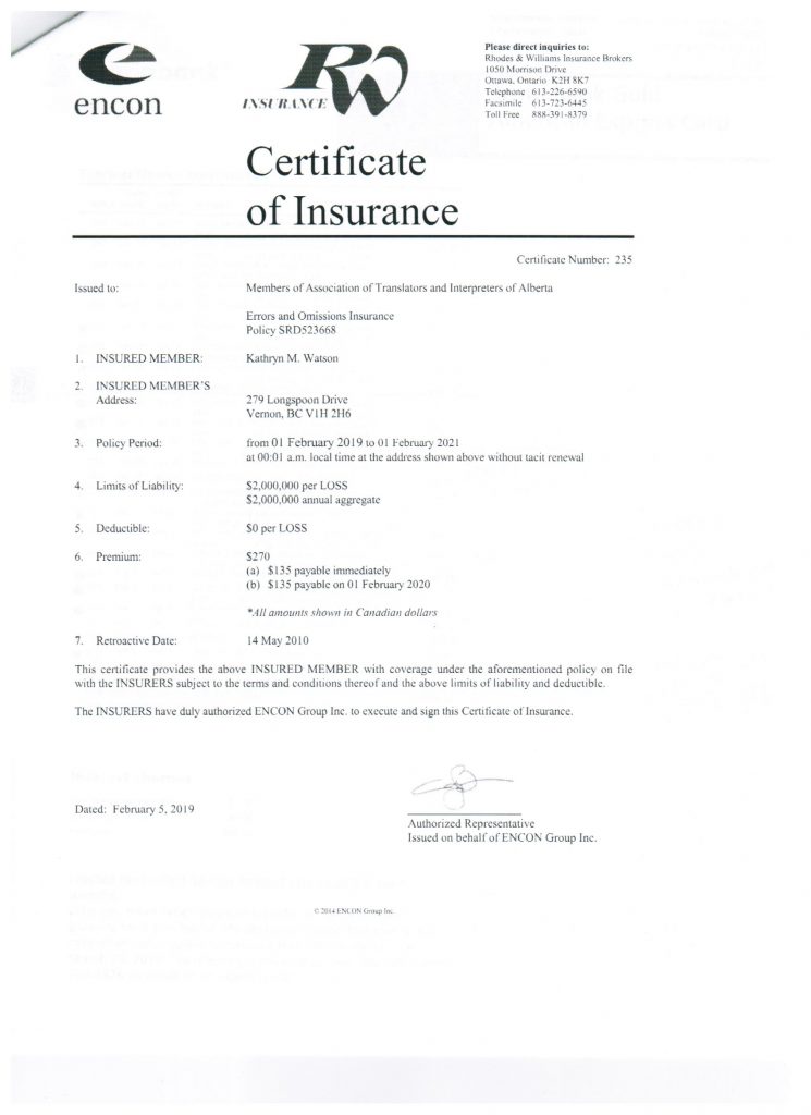 K. Watson Certificate of Insurance E&O – ATIA